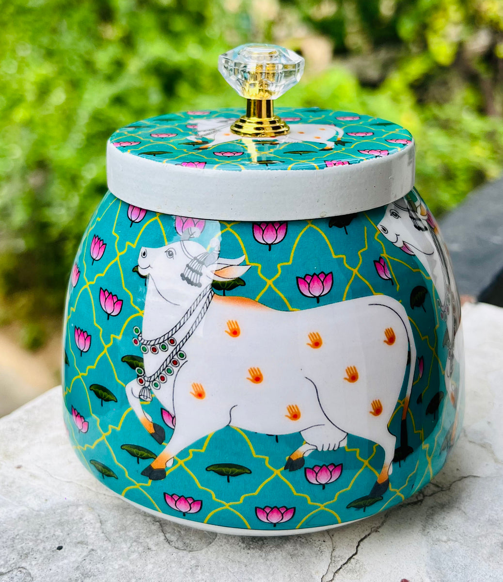 SHIV SHAKTI ARTS Pichwai Print Metal Box Container for Storing Dry Fru