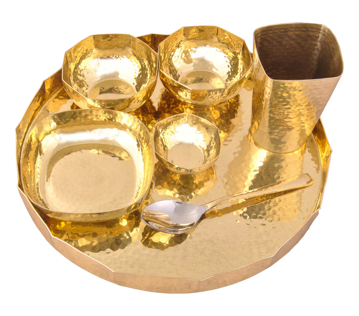 Pure Brass Dinner Set | Thali Set Hammered Design 7 Pcs Octagon Shape – SHIV SHAKTI ARTS