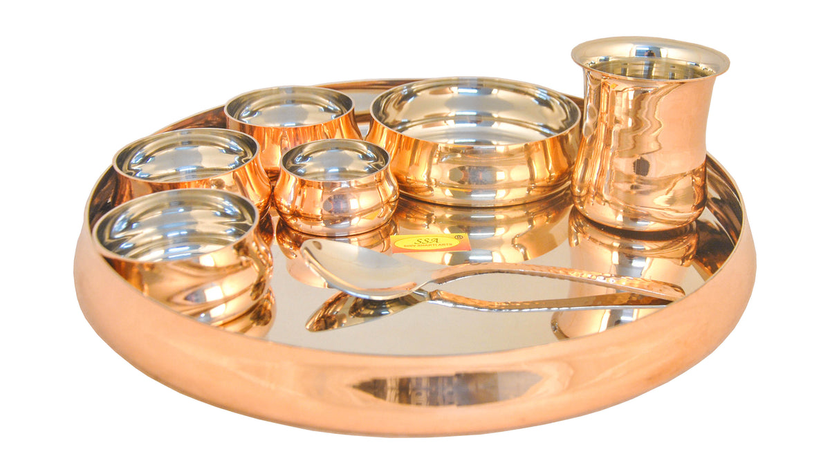 Heavy Gauge Copper Dinner Set Thali Set 8 Pcs Double Wall Inside Steel ...