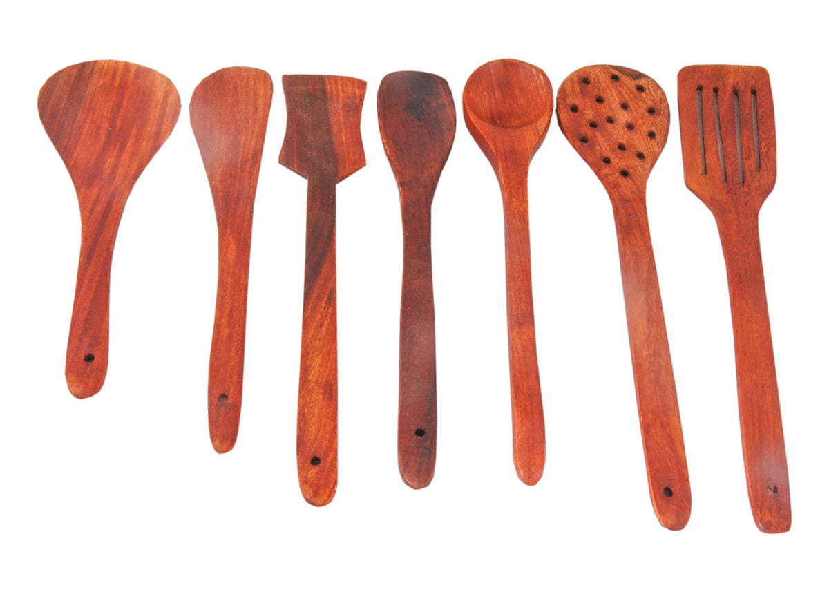 Wooden Serving and Cooking Spoons Wood Brown Kitchen Utensil Set of 7 ...
