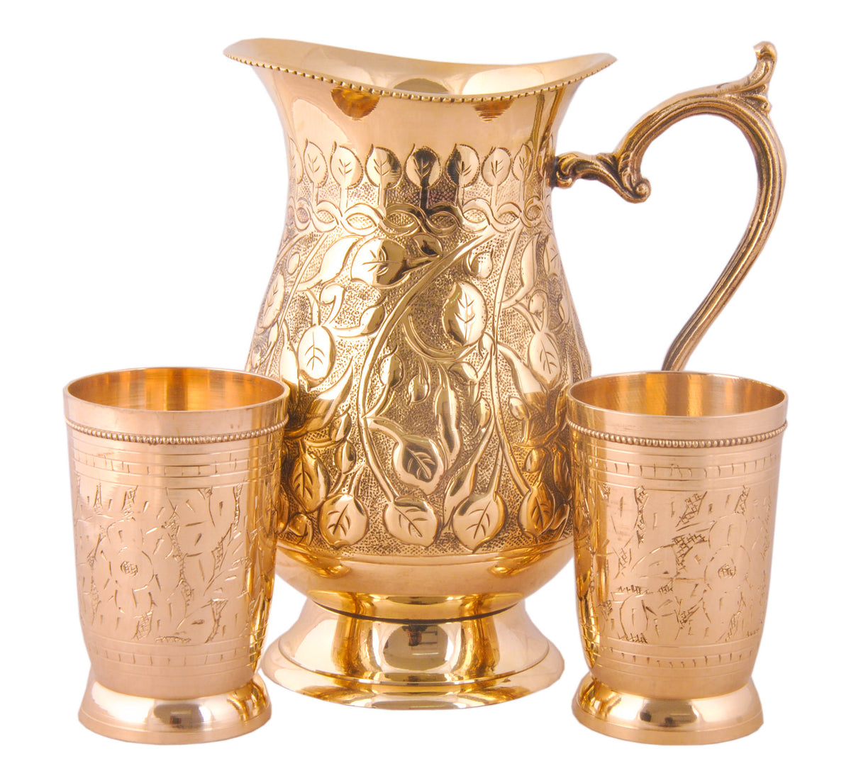 Brass Jug with 2 Brass Glasses Mughal Design for Water Storing and Dri ...