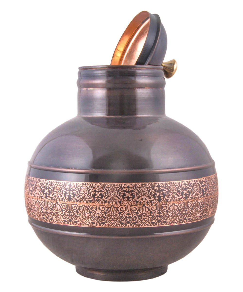 Copper Matka Pot Container Antique Eching Design with Lid For Storing ...