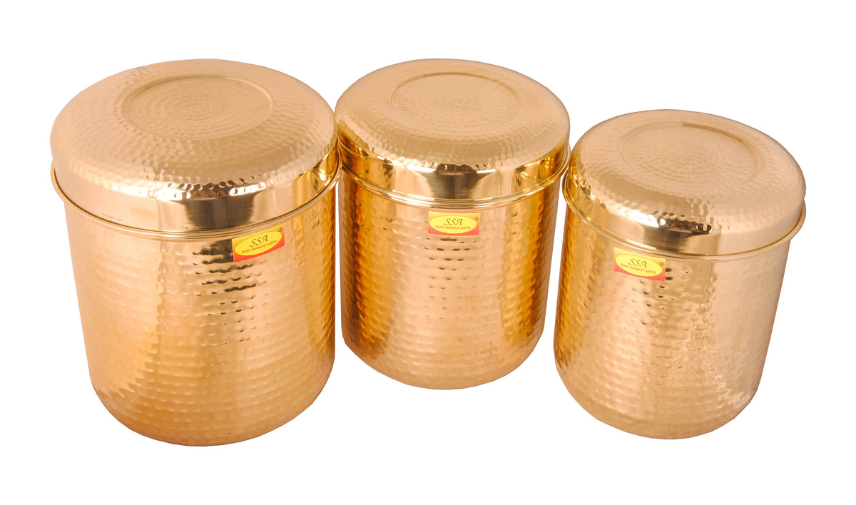 SHIV SHAKTI ARTS Brass Dibba Set | Jar and Container Set with Lid 3 Pc