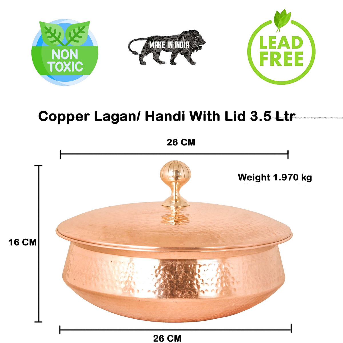 Copper Lagan Handi with Lid Hammered Finish Round, Inside Tin Lining ...