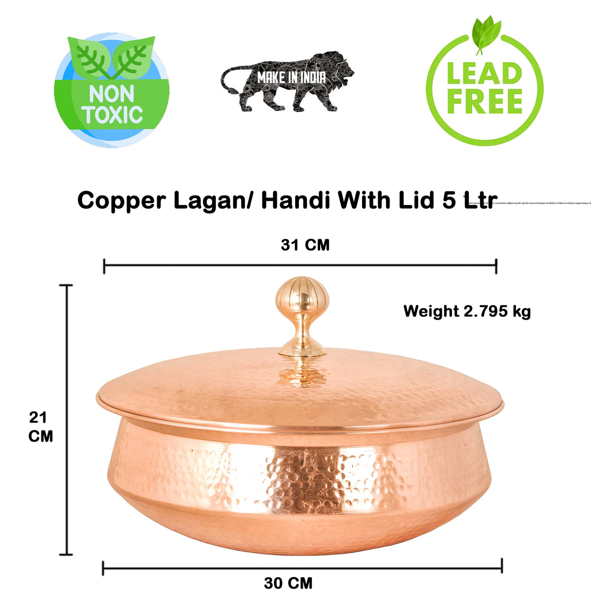 Copper Lagan Handi with Lid Hammered Finish Round, Inside Tin Lining ...