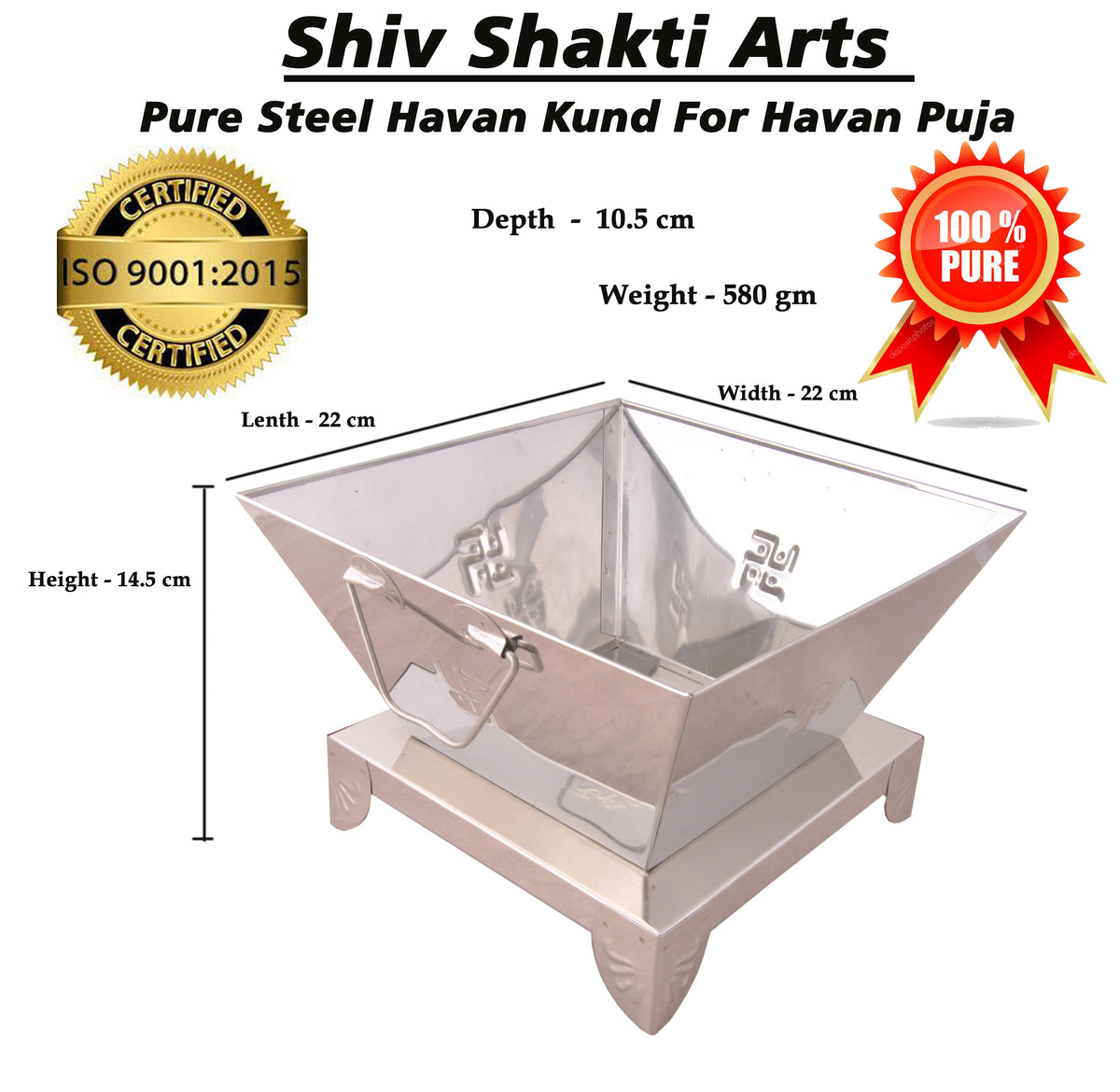 Steel Hawan Kund Yagya Kund for Pooja Hawan Purpose with Handle (22 cm ...