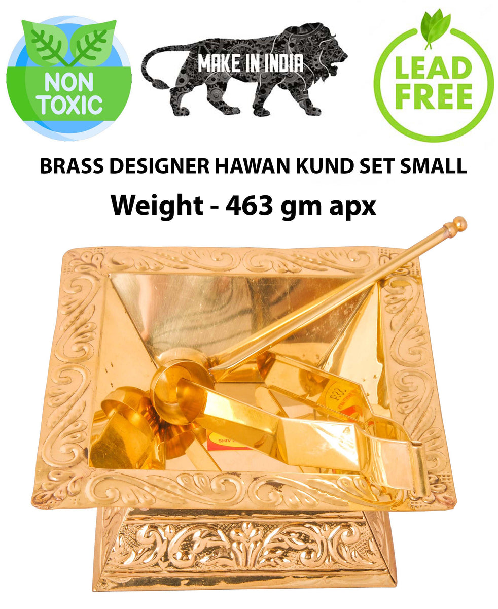 Pure Brass Hawan Kund Agnihotra Set with Both Side Handle and Stand ...