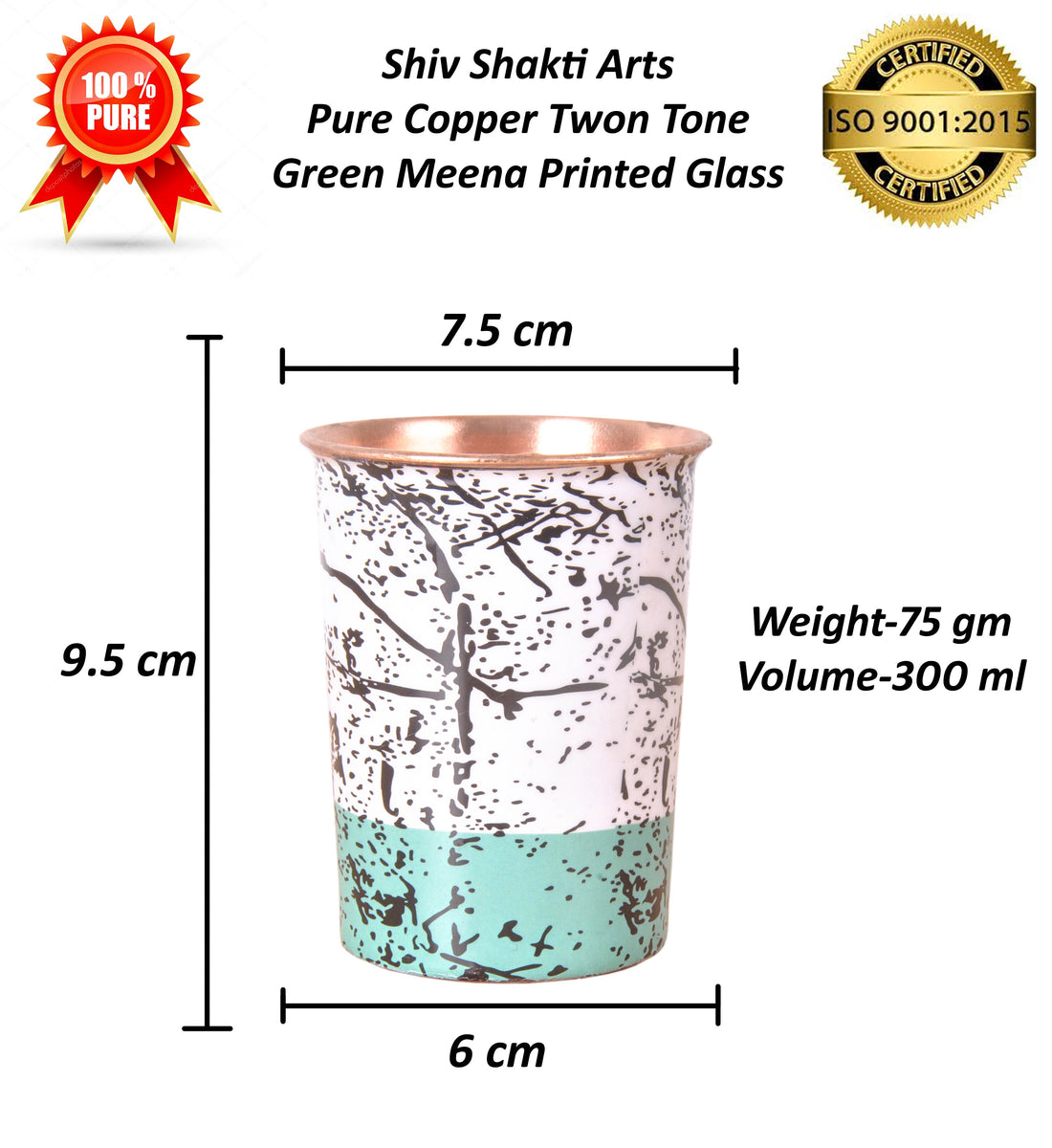 Pure Copper Glass Meena Design Printed Green Two Tone with White for O ...