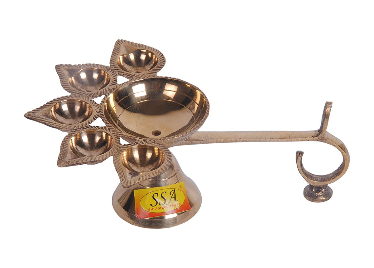 Handmade Treditional Deisgner Pure Brass Panch Aarti Deepak Oil Lamp L ...