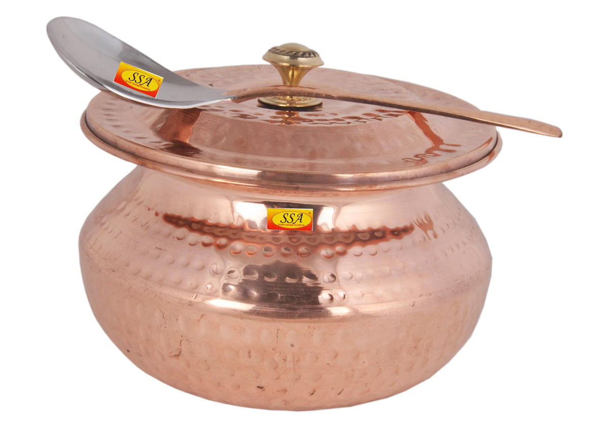 Steel Copper Handi with Lid & Serving Spoon- Punjabi & Rajasthani Desi ...
