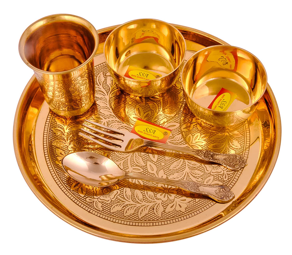 Pure Brass Thali Set | Dinner Set | Engraved Flowers Design - 6 Pieces ...