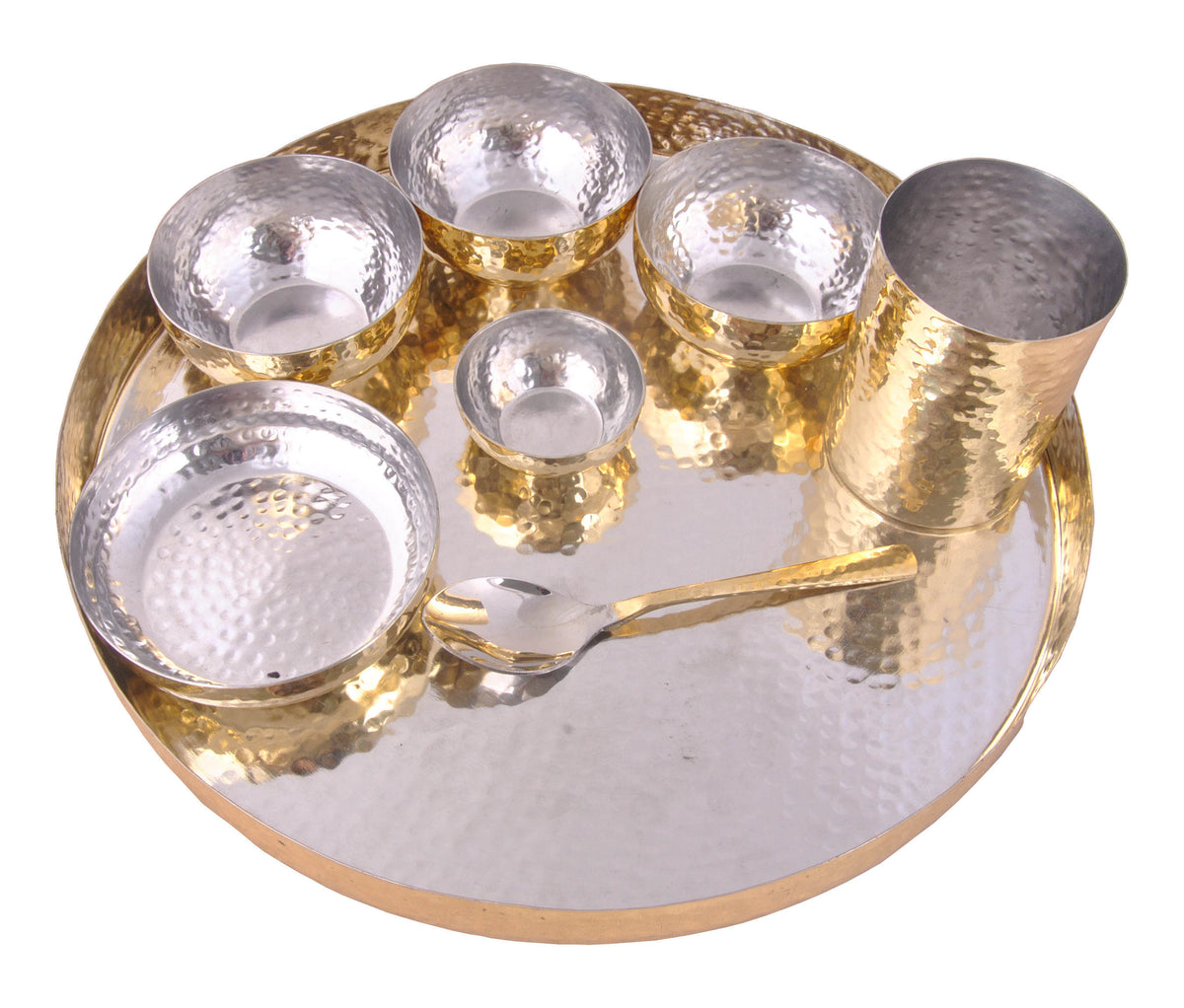 Pure Brass Dinner Set | Thali Set Hammered Design 8 Pcs Tin Plated Din ...