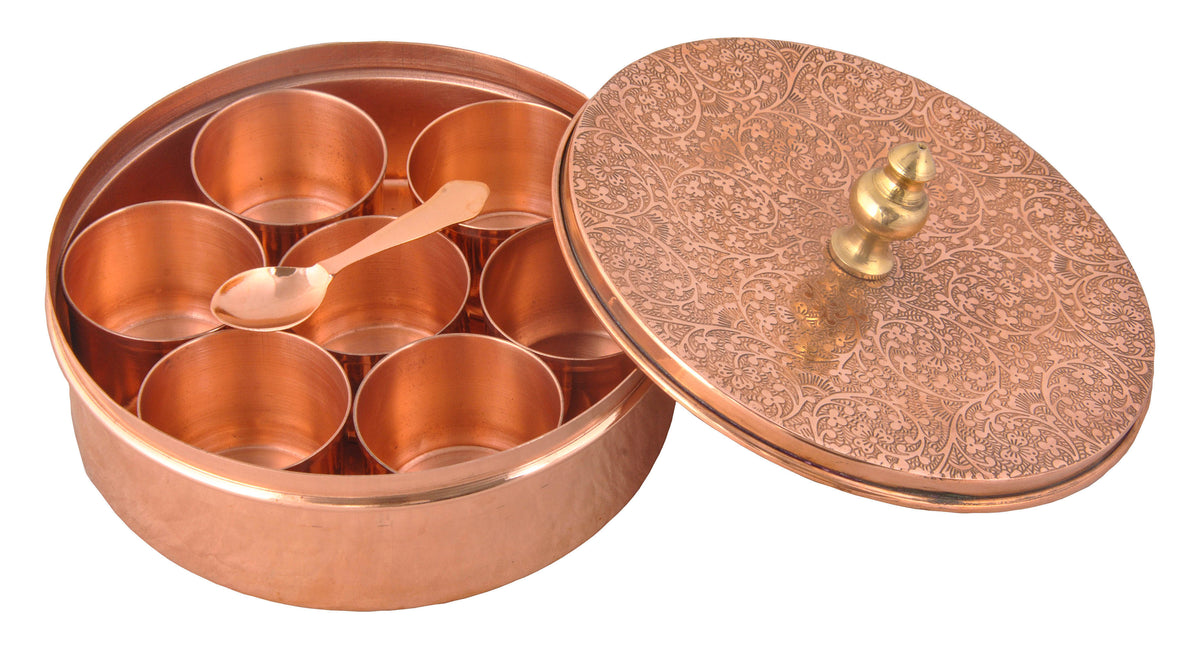 Pure Copper Spice Box Masala Dabba Embossed Design for Storing Spices ...