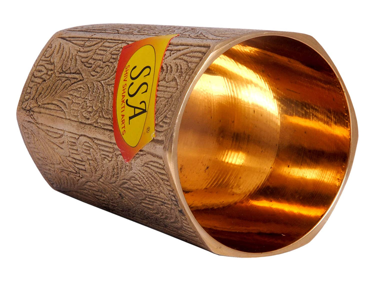 Pure Brass Glass Tumbler, Etching Satkon Design for Drinking Serving W ...