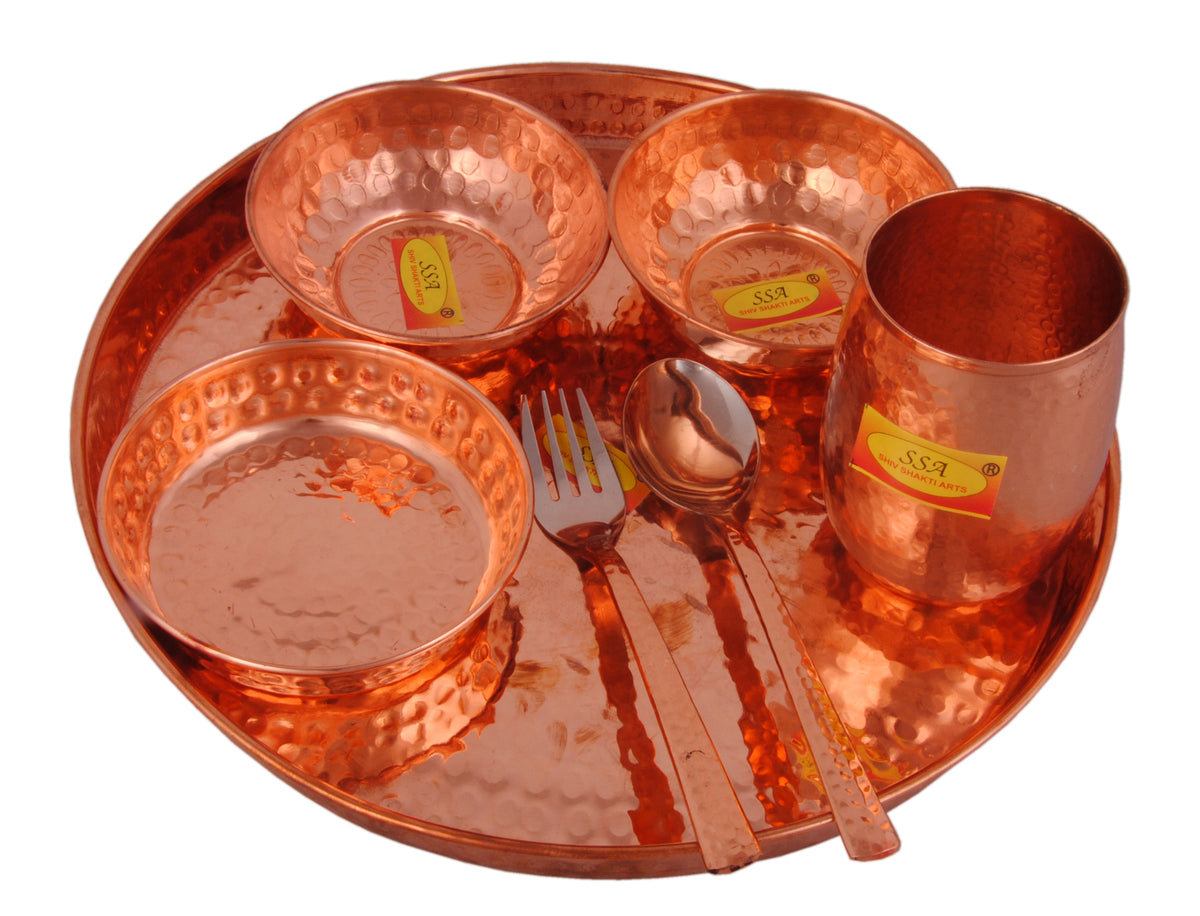 100% Pure Copper Hammered Designer - 7 Pcs Dinner Set, Thali Set, 12-I ...