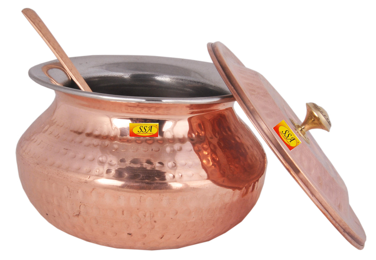 Steel Copper Handi with Lid & Serving Spoon- Punjabi & Rajasthani Desi ...