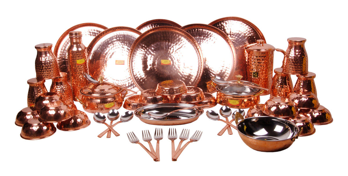 Pure Copper Full Family Dinner Set - 51 Pieces - Designer - (Hammer Co ...