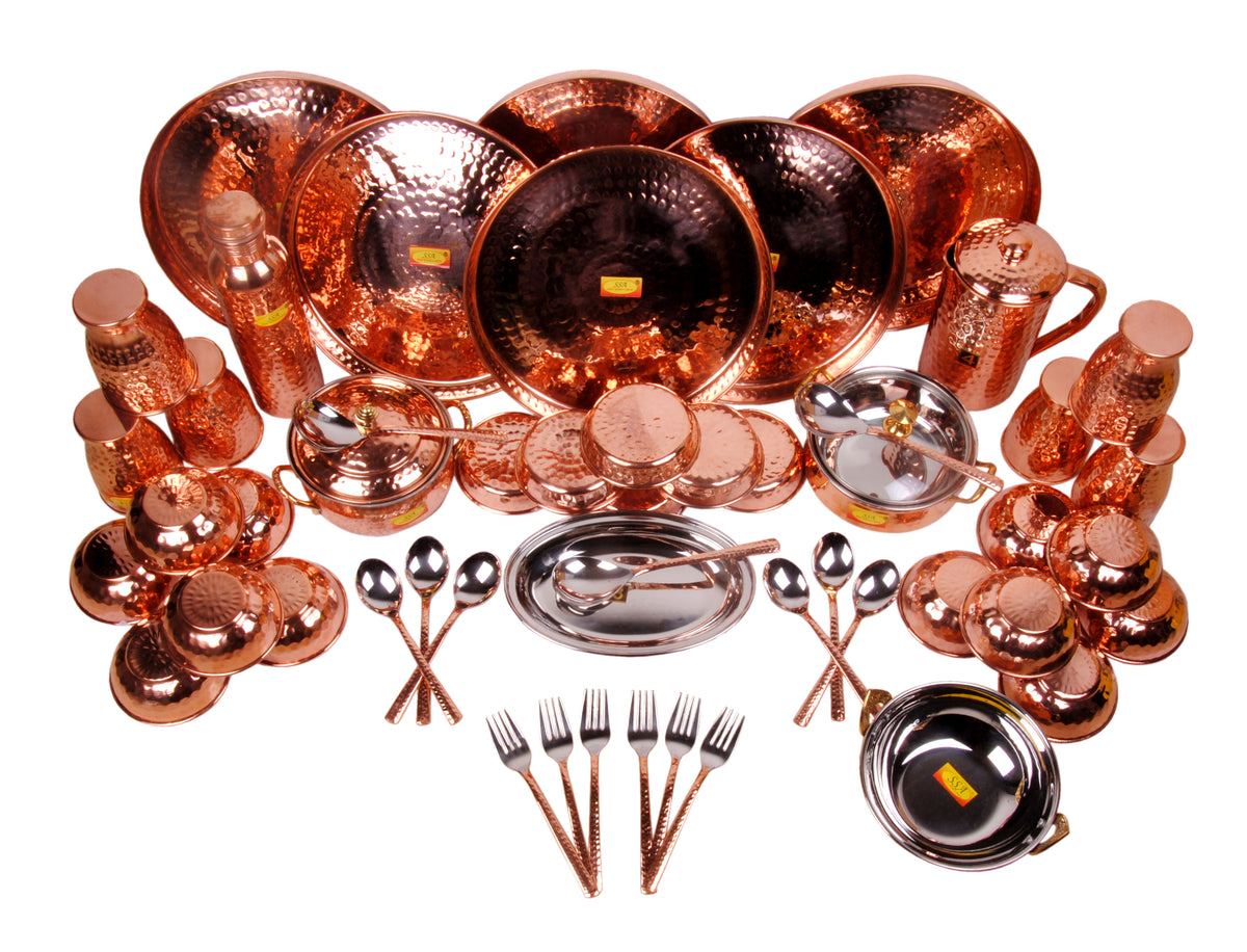 Pure Copper Full Family Dinner Set - 51 Pieces - Designer - (Hammer Co ...