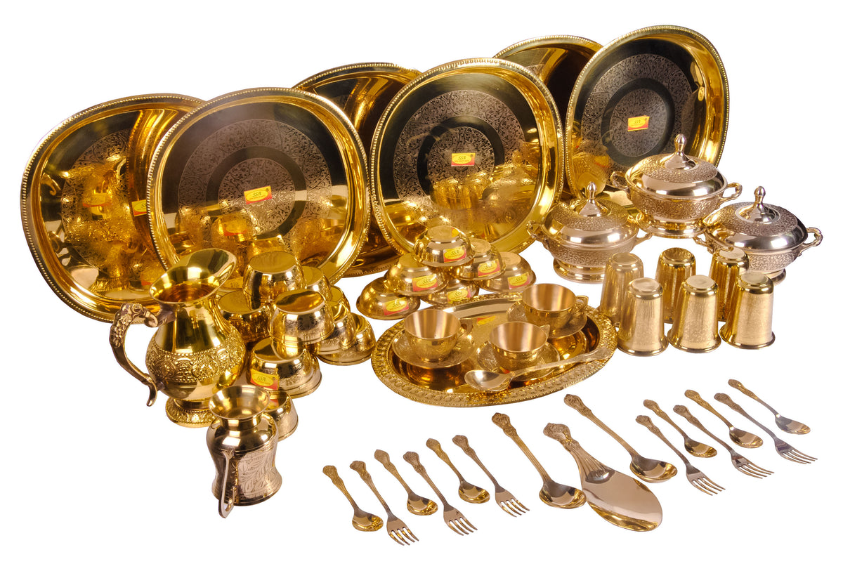 100% Pure Brass Dinner Set 58 Piece |Square Plate Engraved Designed |P ...