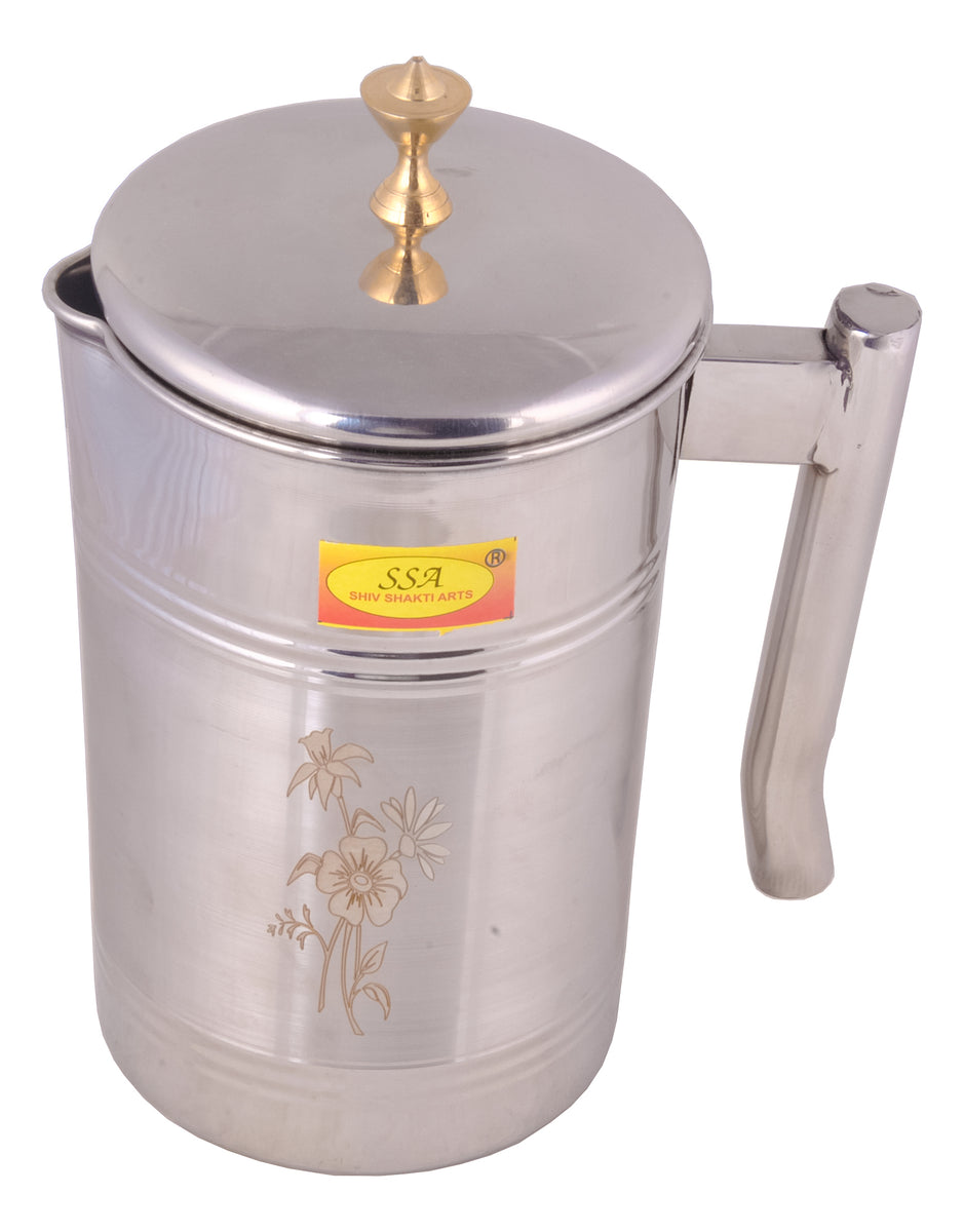100% Pure Stainless Steel Water Jug with Lid Laser Flower Design Premi ...