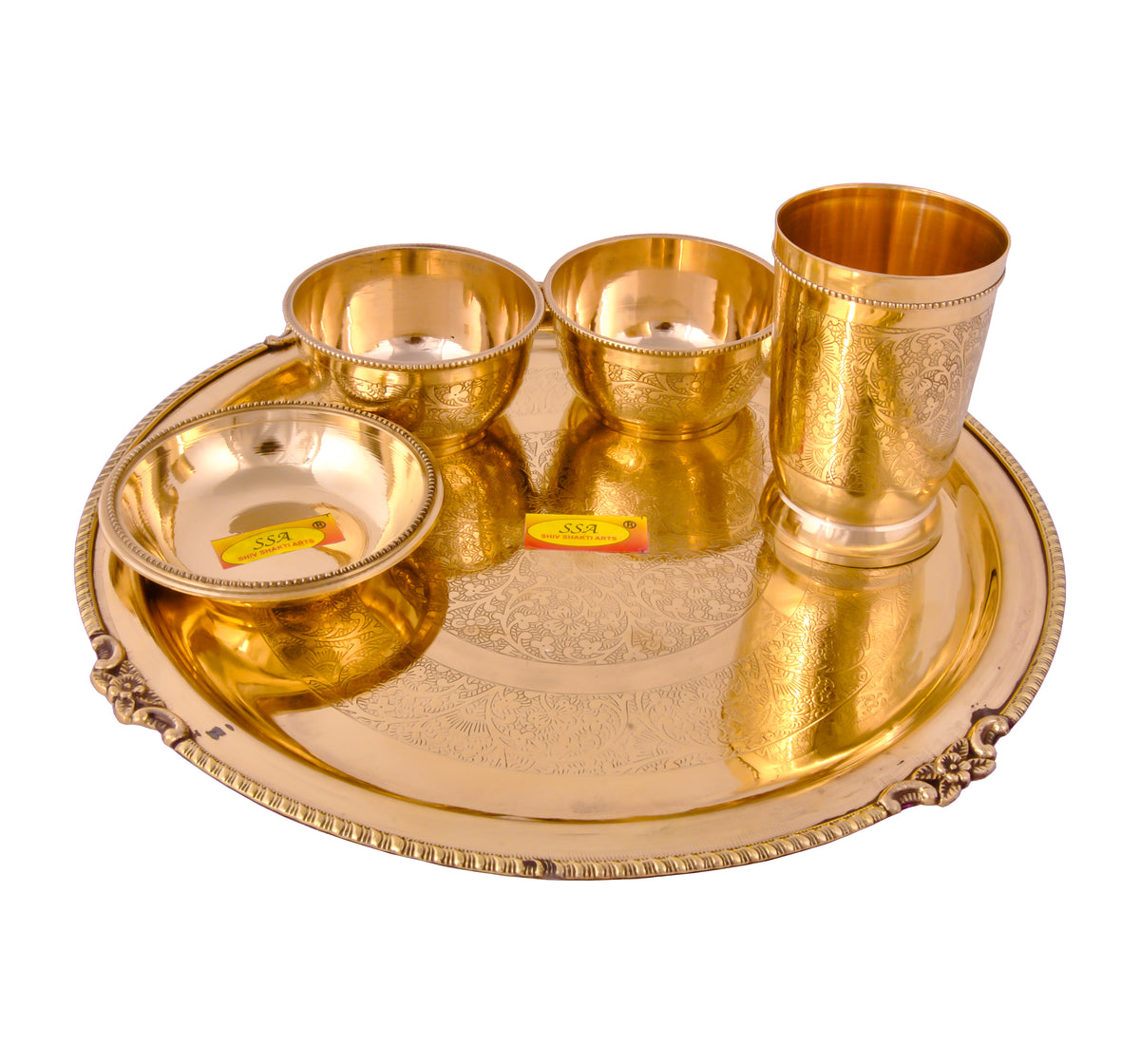 Pure Brass Thali Set | Dinner Set | 5 Pieces (Embossed Flower Eatching ...