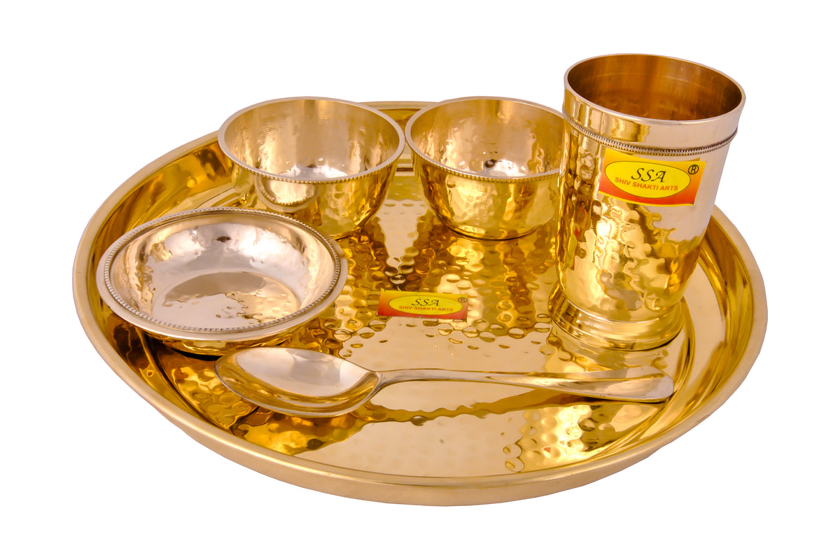 Pure Brass Thali Set | Dinner Set | Premium Hammer Design - 6 Pieces B ...