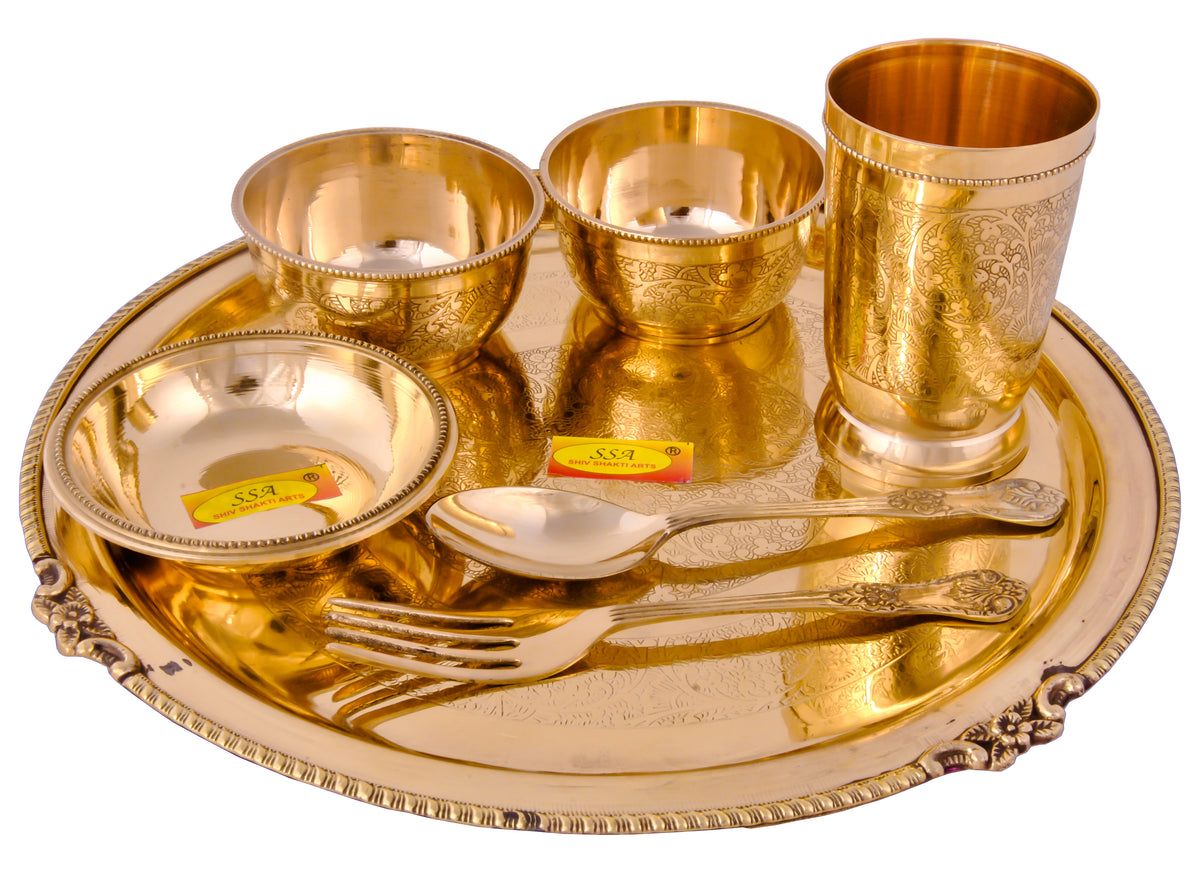 Pure Brass Thali Set | Dinner Set | 7 Pieces (Embossed Flower Eatching ...