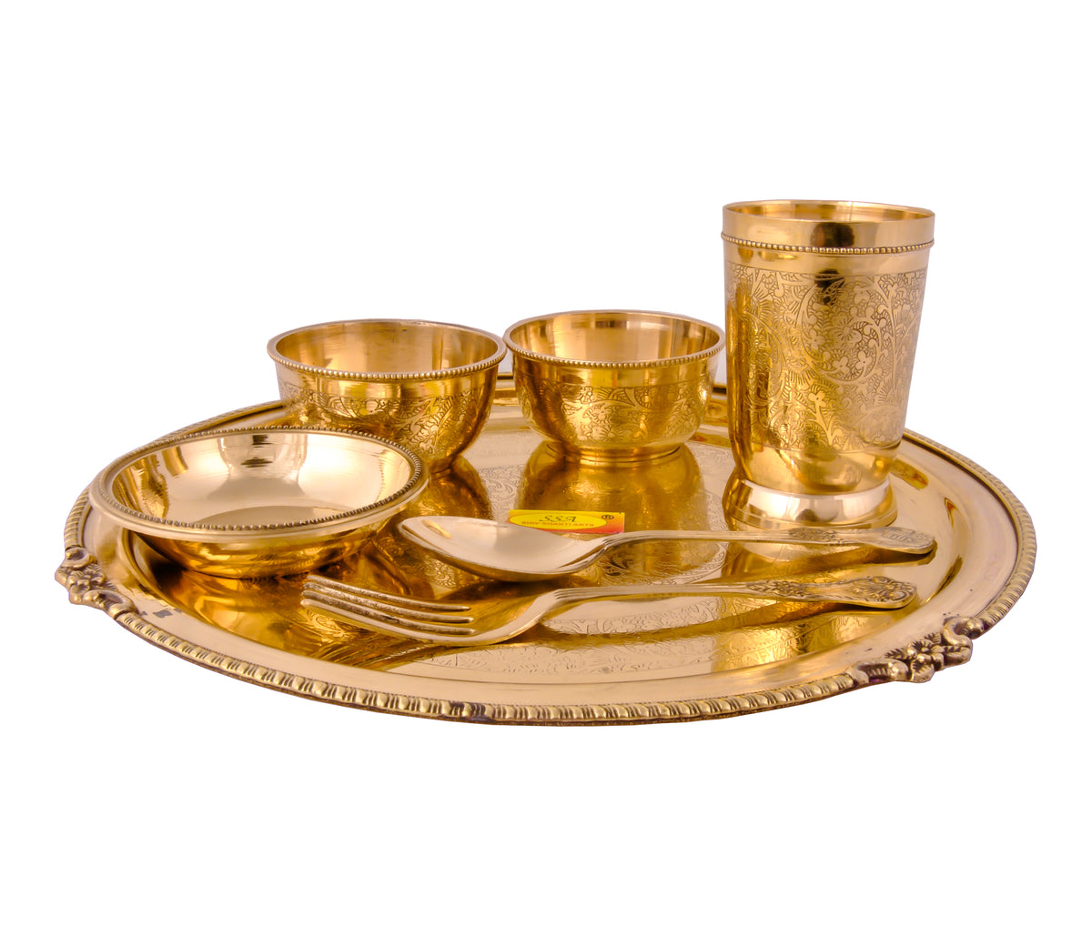 Pure Brass Thali Set | Dinner Set | 7 Pieces (Embossed Flower Eatching ...